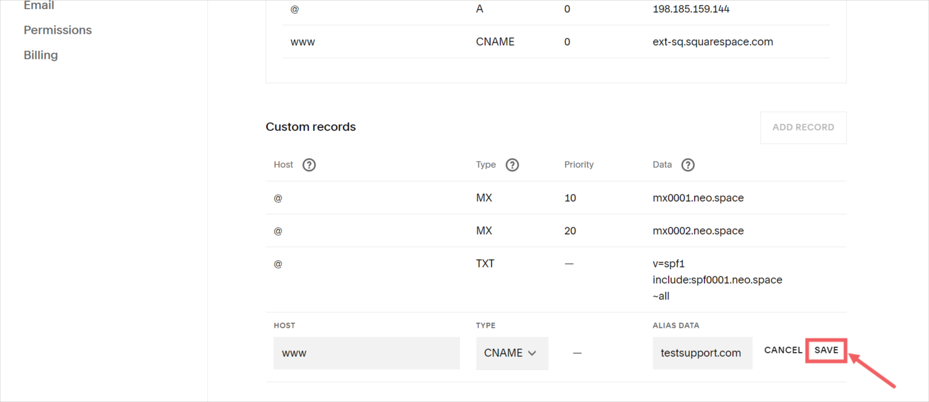 Setup A record and CNAME record for Squarespace – Neo Business